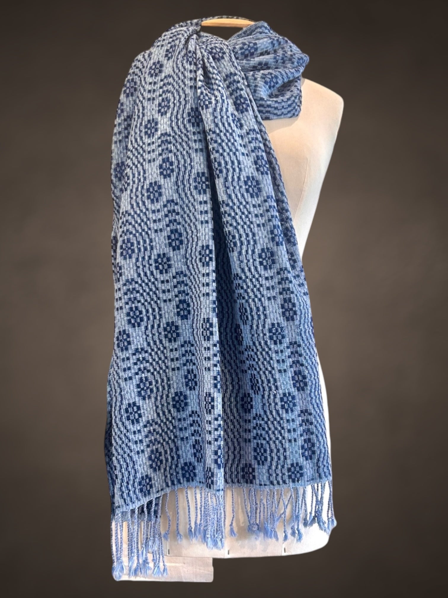 Handwoven Mercerized Cotton Jacquard Shawl — Indigo Double Flower ...